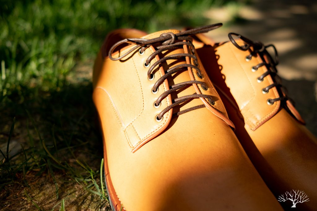 Viberg Derby Shoe - Shinki Camel Latigo Horsehide on Lactae Hevea Sole ...