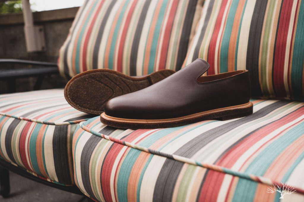 Viberg Slipper - Brown Oiled Calf on Lactae Hevea Sole - Withered Fig